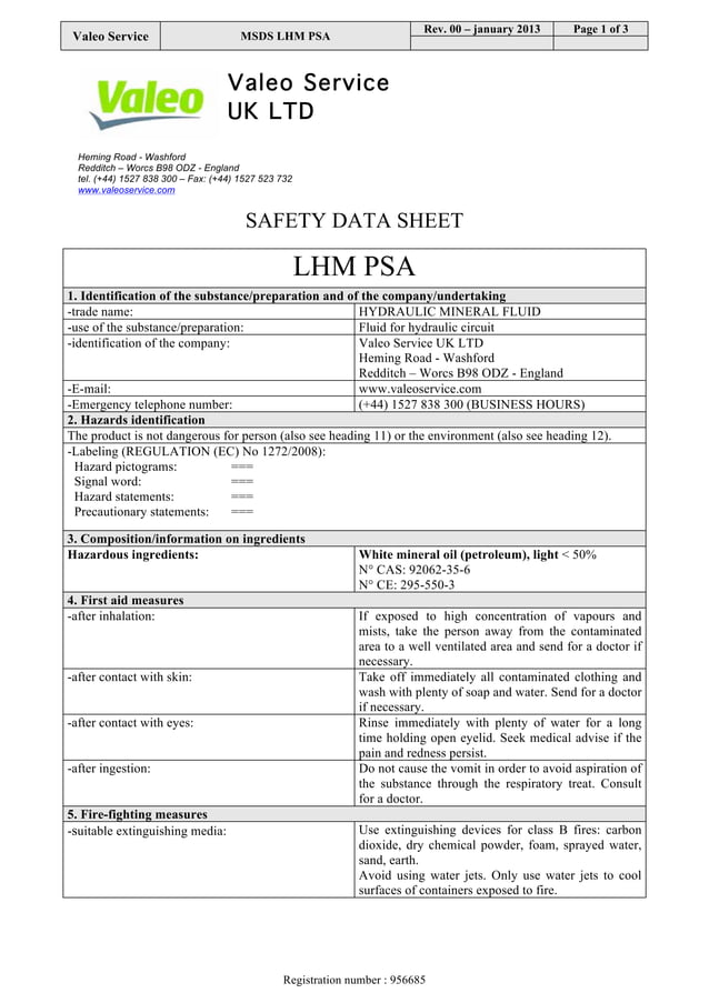 Valeo Braking Systems Hydraulic Mineral Fluid LHM+ material safety data ...