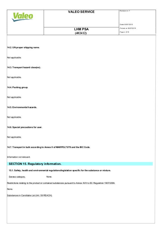Valeo Braking Systems Hydraulic Mineral Fluid LHM+ material safety data sheet 402412 | PDF