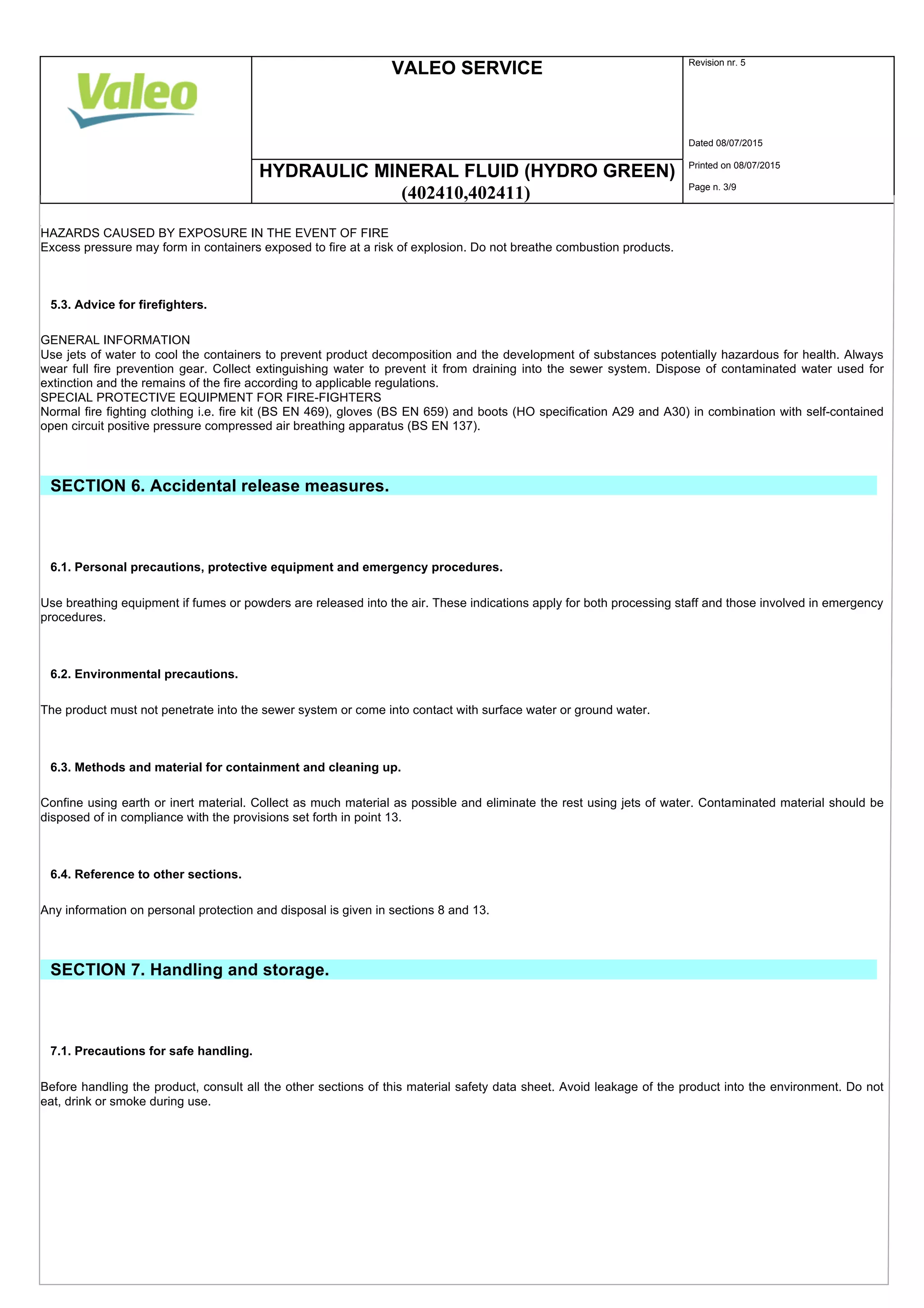 Valeo Braking Systems Hydraulic Mineral Fluid LHM standard material safety data sheet 402410 ...