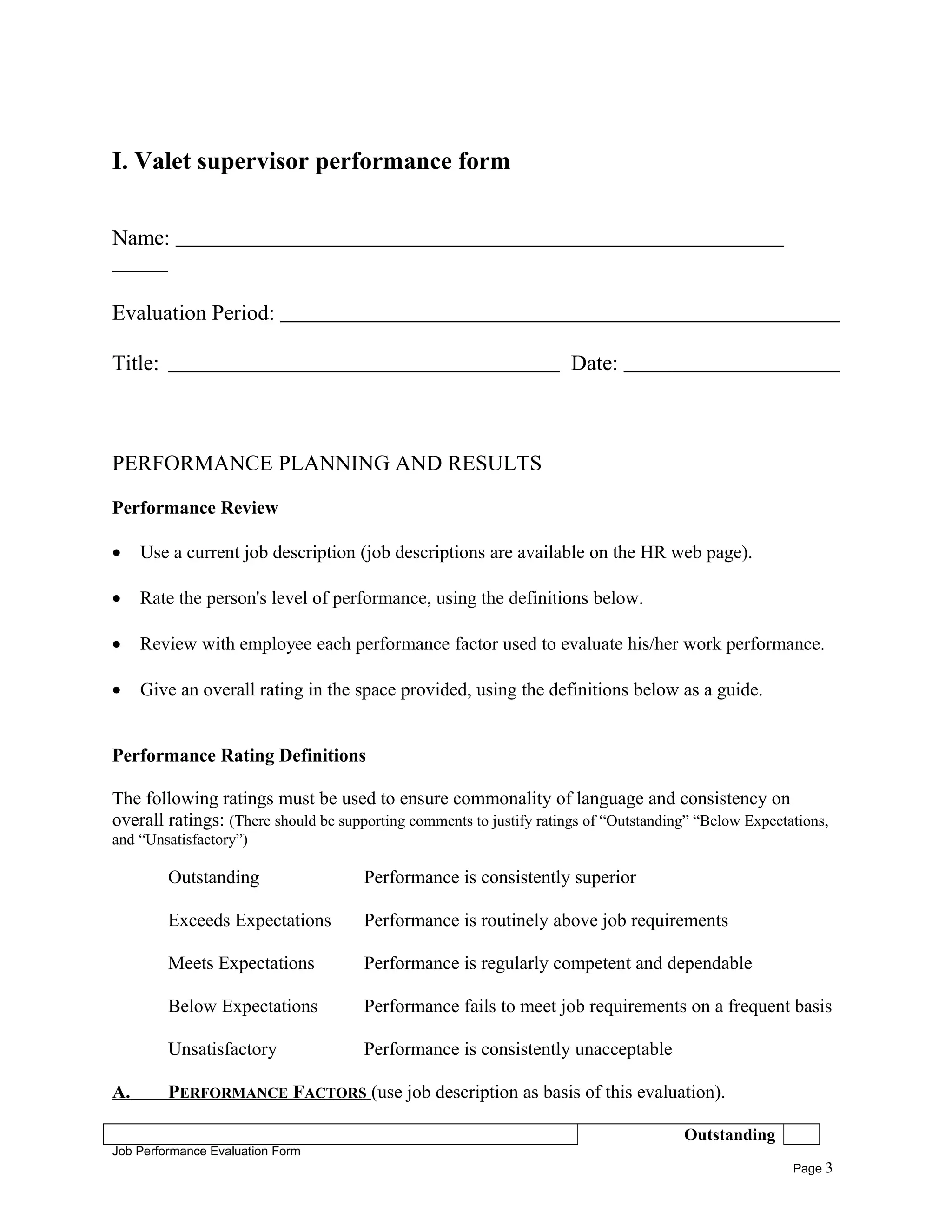 Valet supervisor performance appraisal | DOC