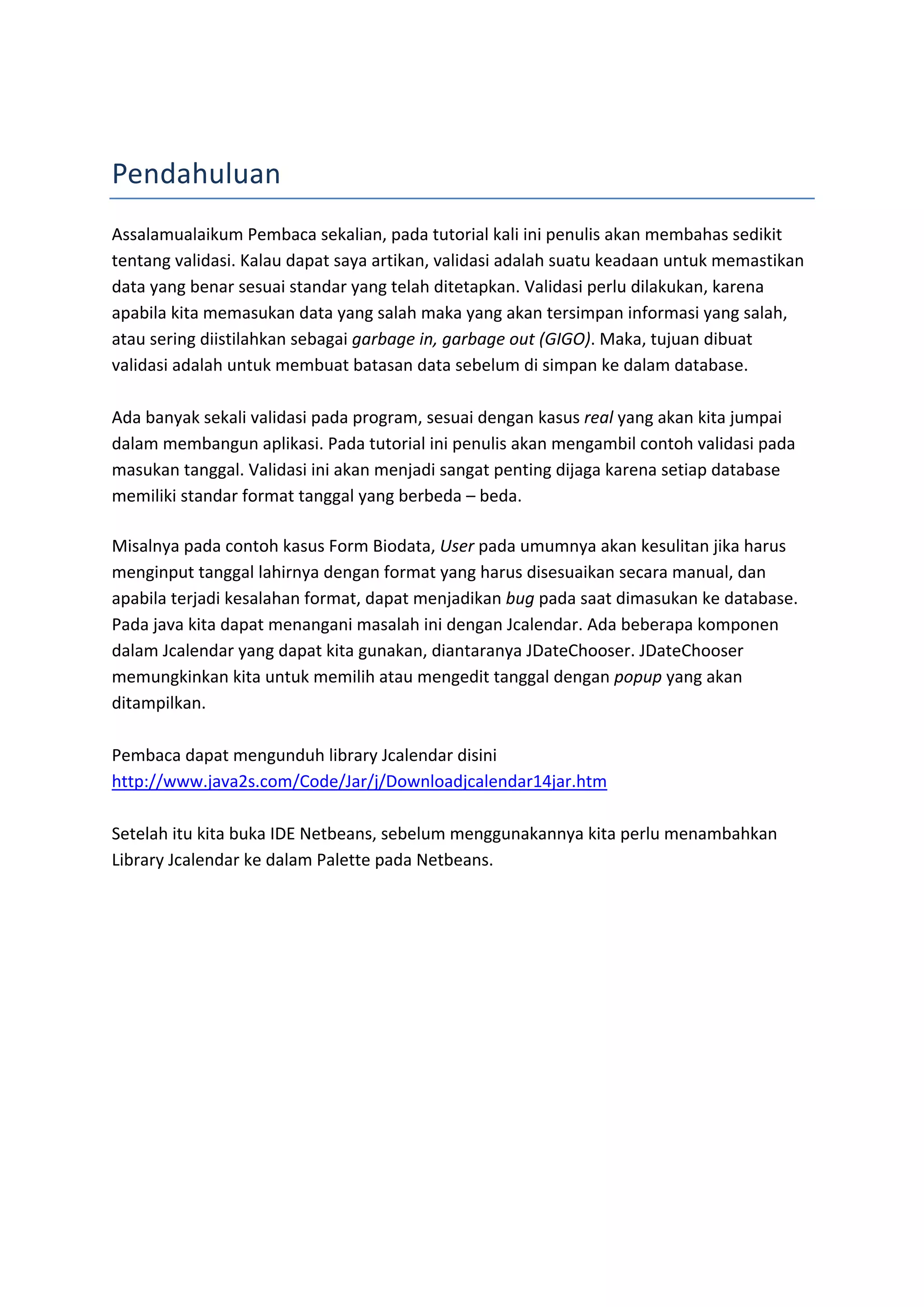 Menjaga Validasi tanggal dengan Jcalendar pada java | PDF