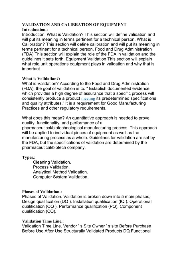 Validation and calibration of equipment | DOC | Pharmaceutical Industry ...