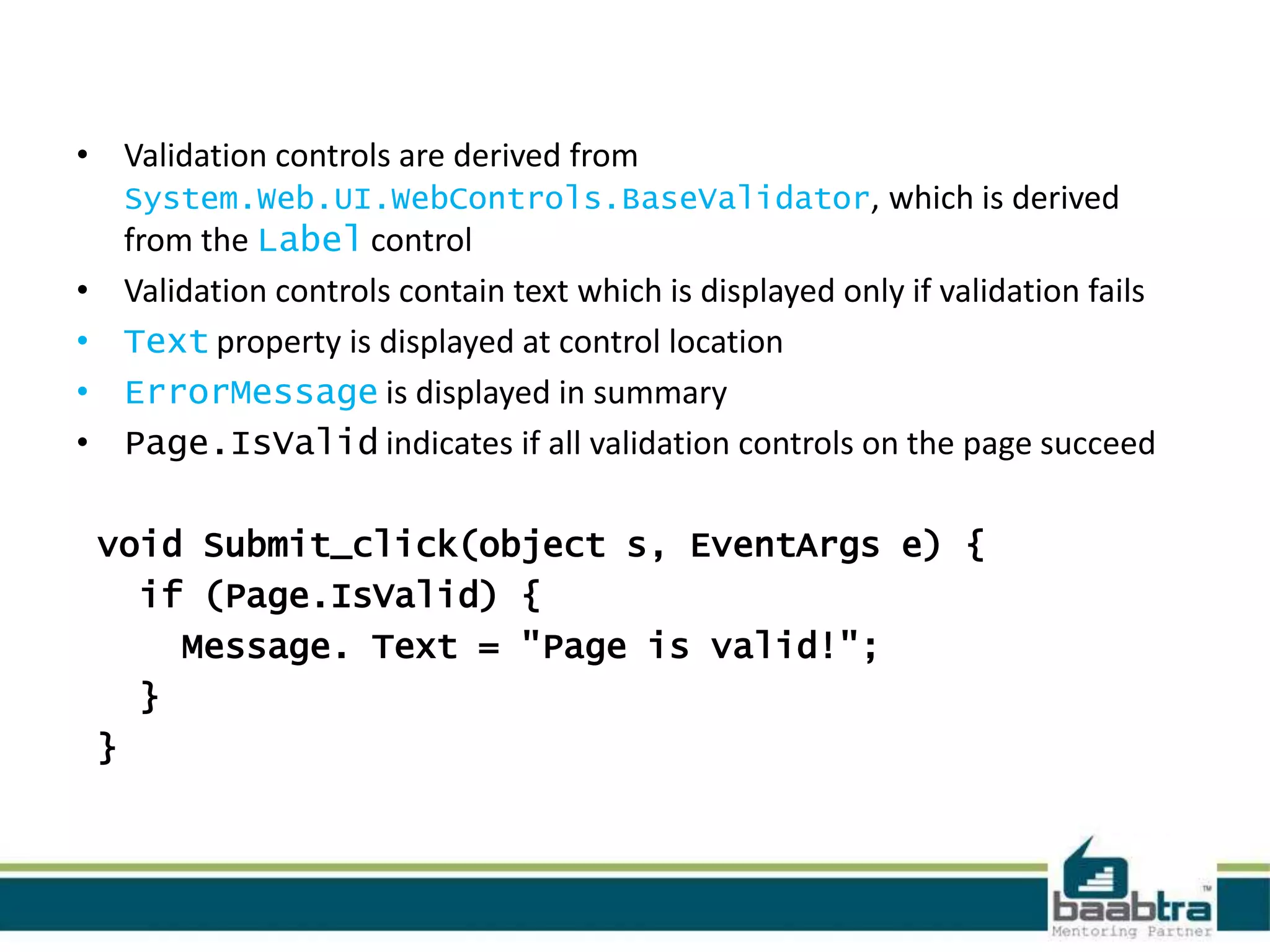 Validation controls ASP .NET Validation controls ASP .NET