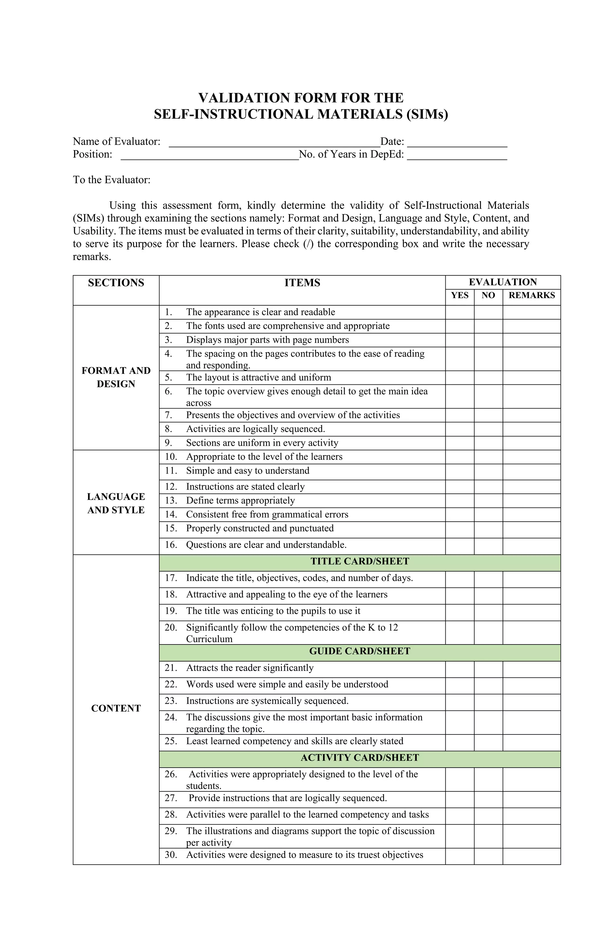 Validation Form for the Self-Instructional Materials (SIMs) | PDF