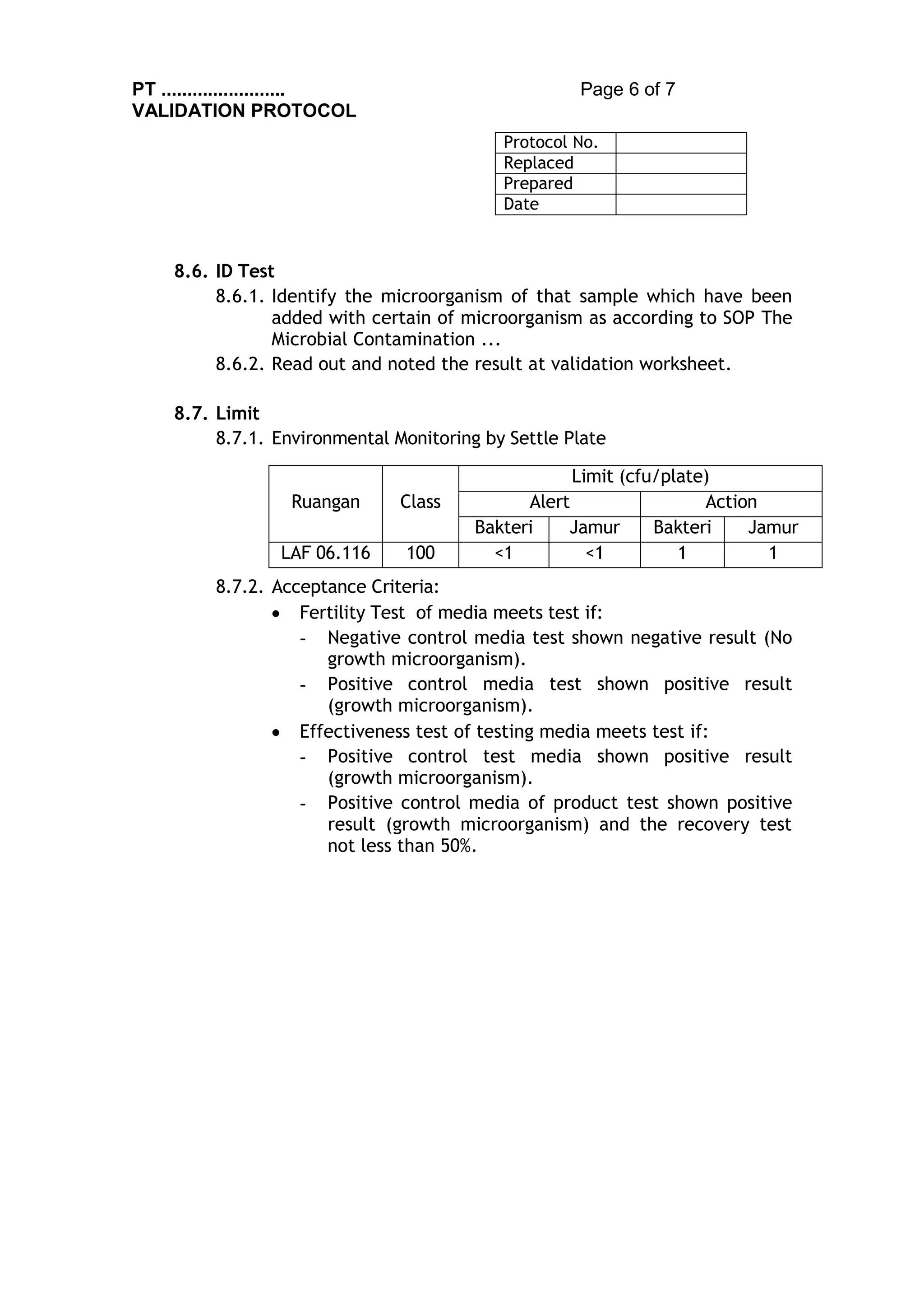 Contoh protokol validasi metode analisis mikrobiologi #2 | DOCX
