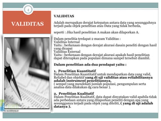 VALIDITAS DAN RELIABILITAS PENELITIN KUANTITATIF | PPTX