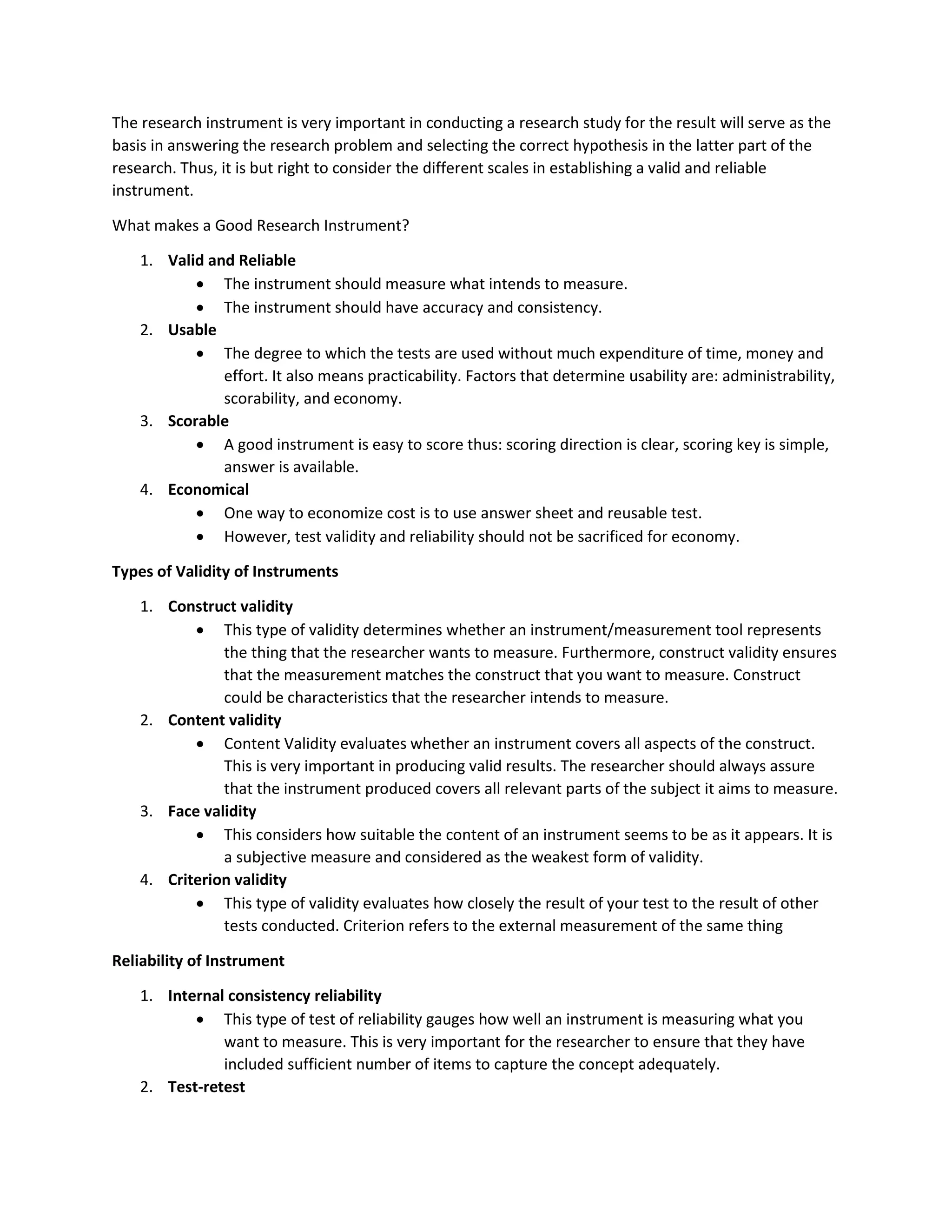 Validity And Reliability Research Instrument Docx Educational