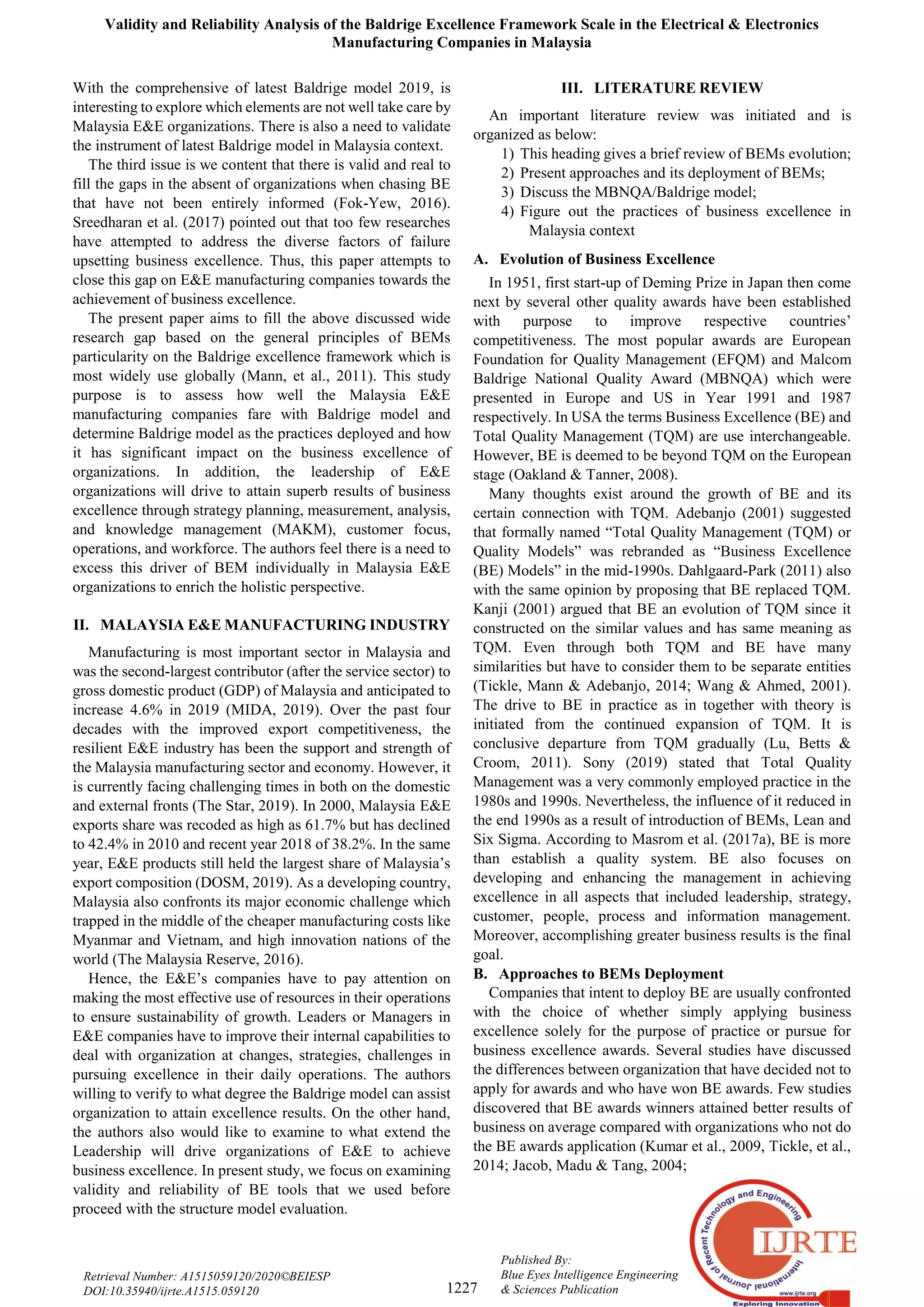 Validity and reliability analysis of the baldrige excellence framework scale | PDF ...