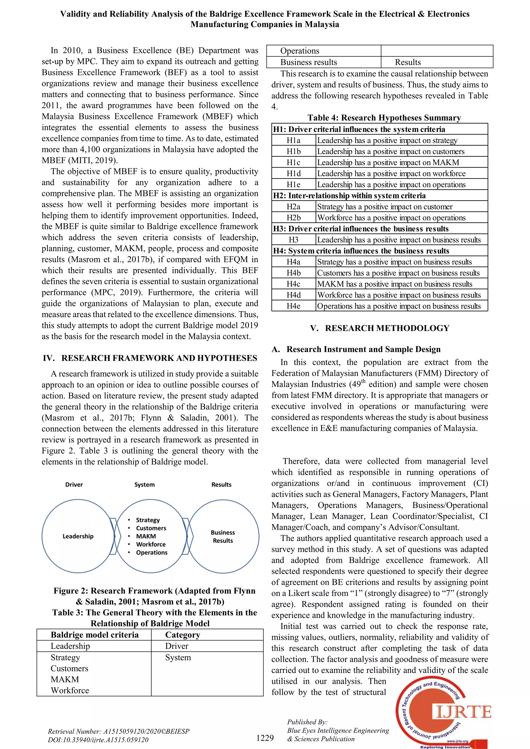 Validity and reliability analysis of the baldrige excellence framework scale | PDF ...