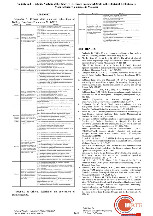 Validity and reliability analysis of the baldrige excellence framework scale | PDF ...