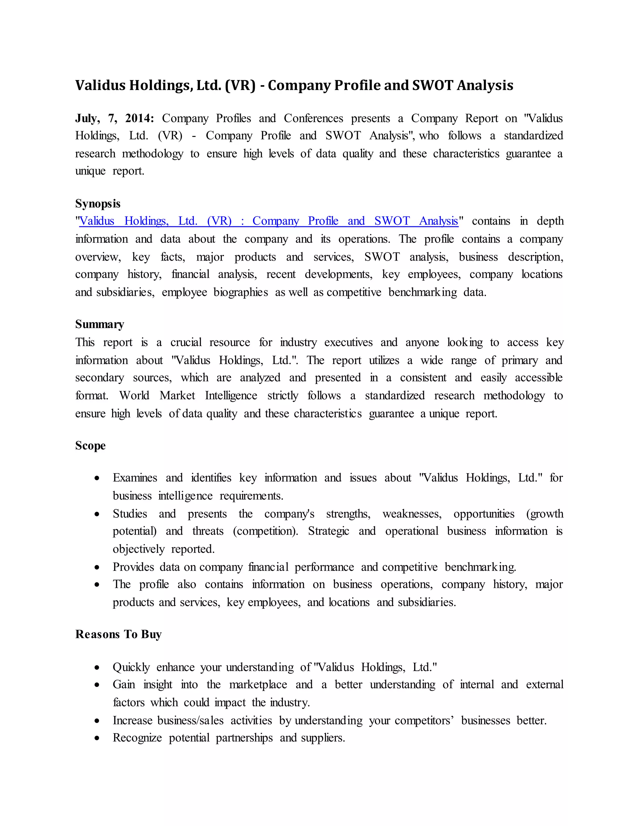 Validus holdings, ltd. (vr) company profile and swot analysis | PDF