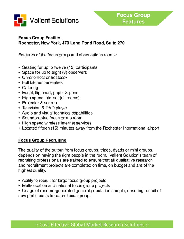 Valient Solutions Rochester, New York Focus Group Facility Brochure | PDF