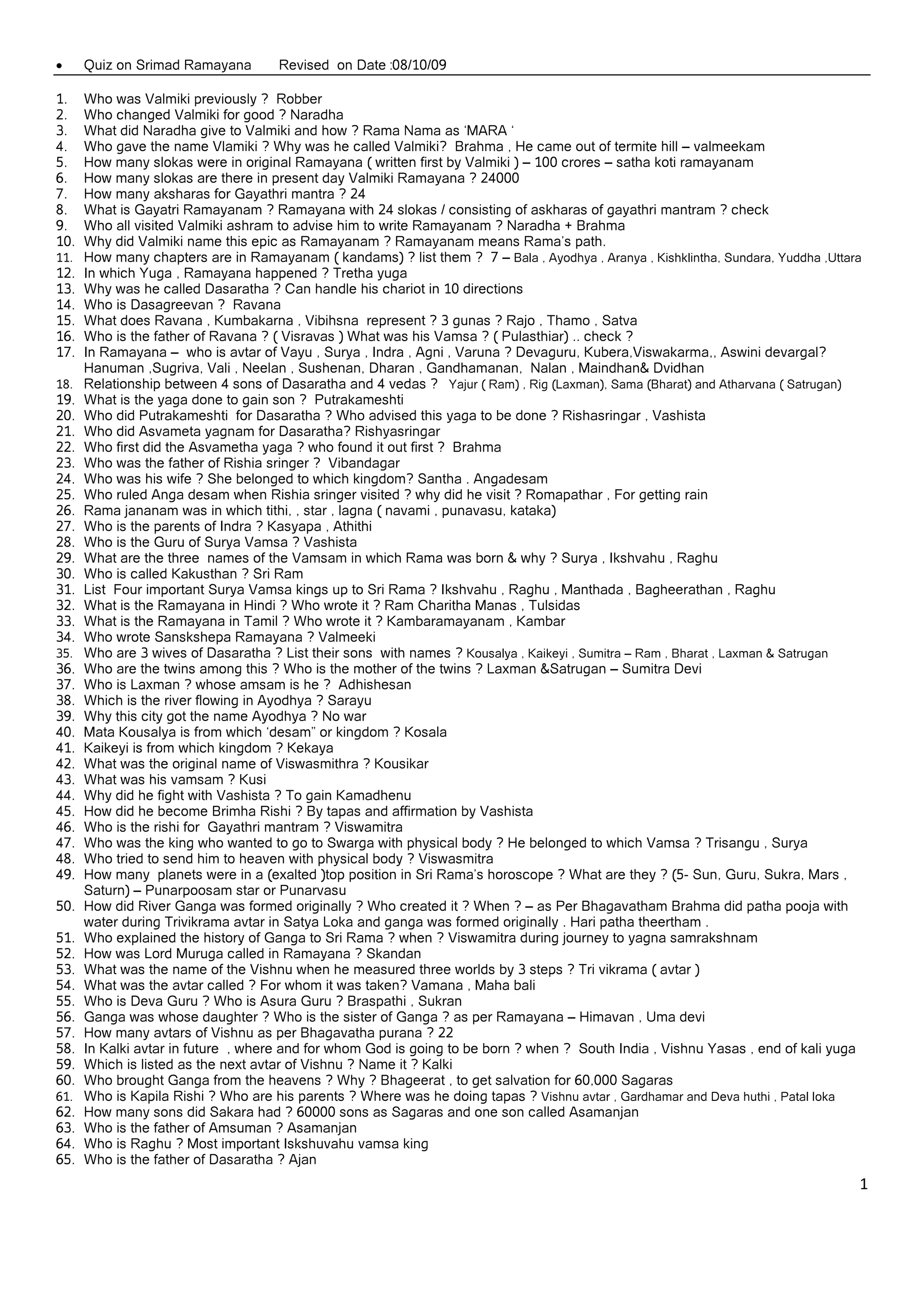 Valmiki ramayana quiz with answers | PDF