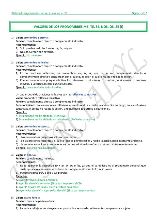 Valores de los pronombres me, te, se, nos, os, se I-Bachillerato | PDF