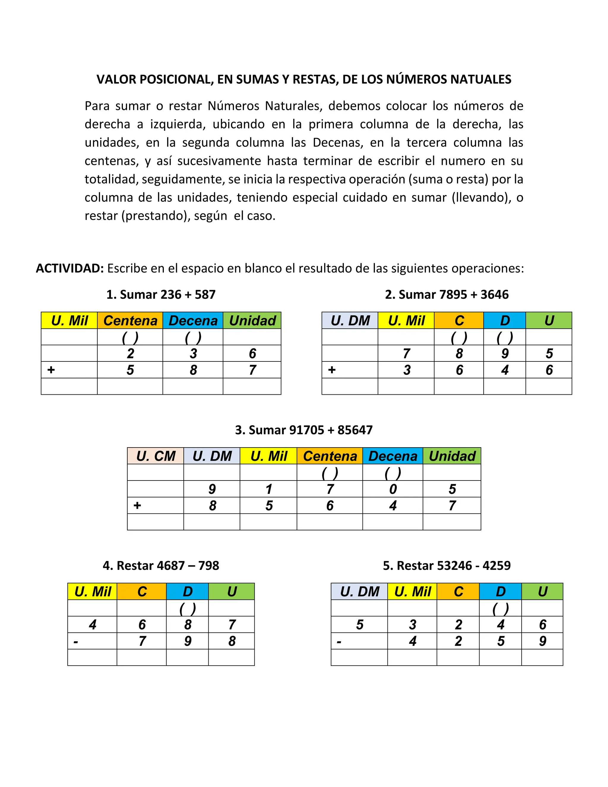 Hojas De Trabajo De Valor Posicional, Suma Y Resta