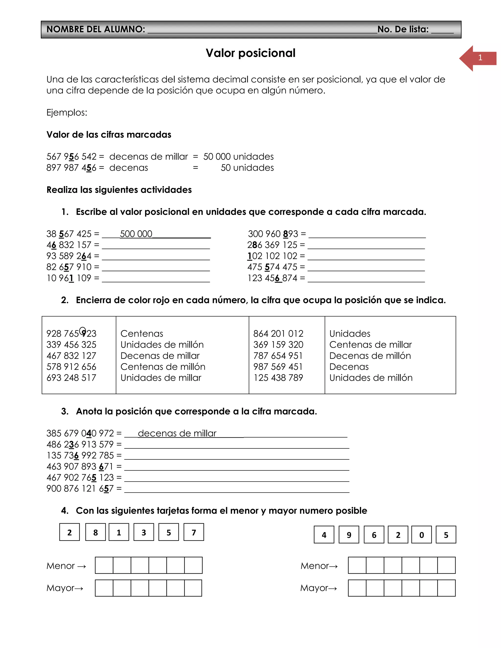 Hojas De Trabajo De Valor Posicional De Sexto Grado