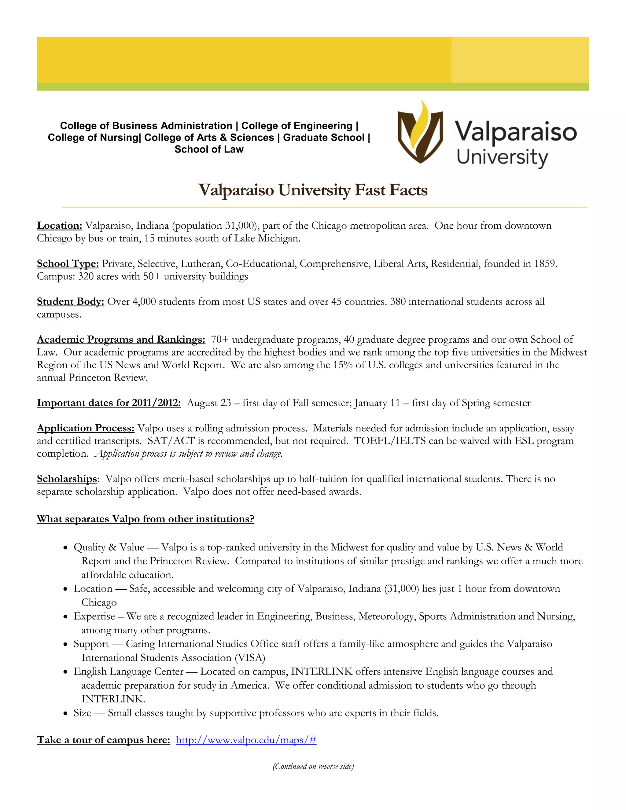 Valparaiso university fast facts | PDF