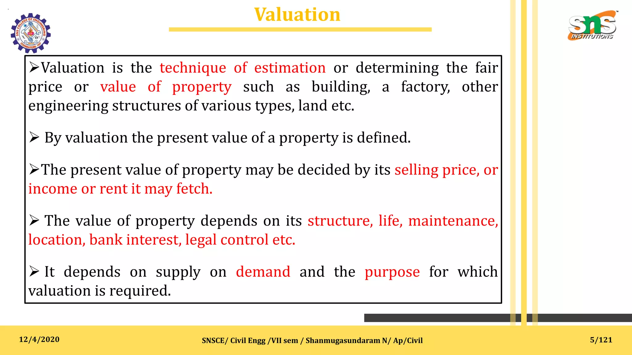Valuation - Estimation, Costing and Valuation Engineering | PPTX