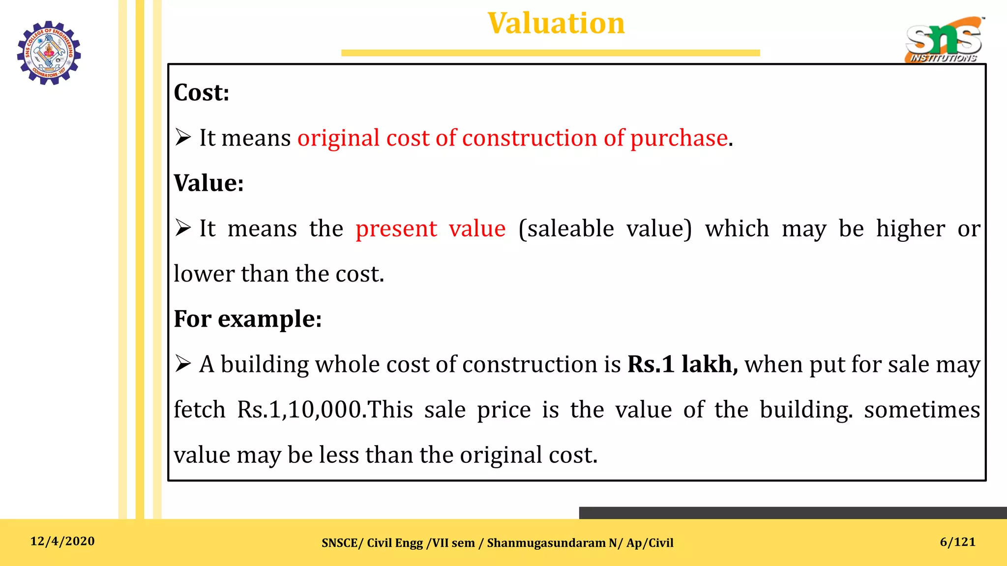 Valuation - Estimation, Costing and Valuation Engineering | PPTX