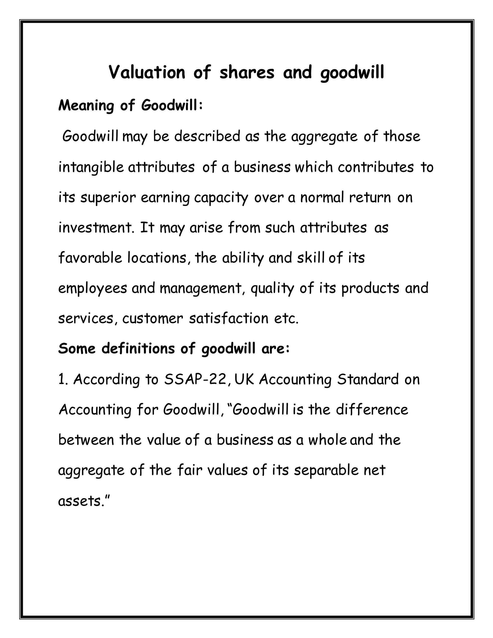 Notes on Valuation of Goodwill and Shares For BBA/B.com students | DOCX