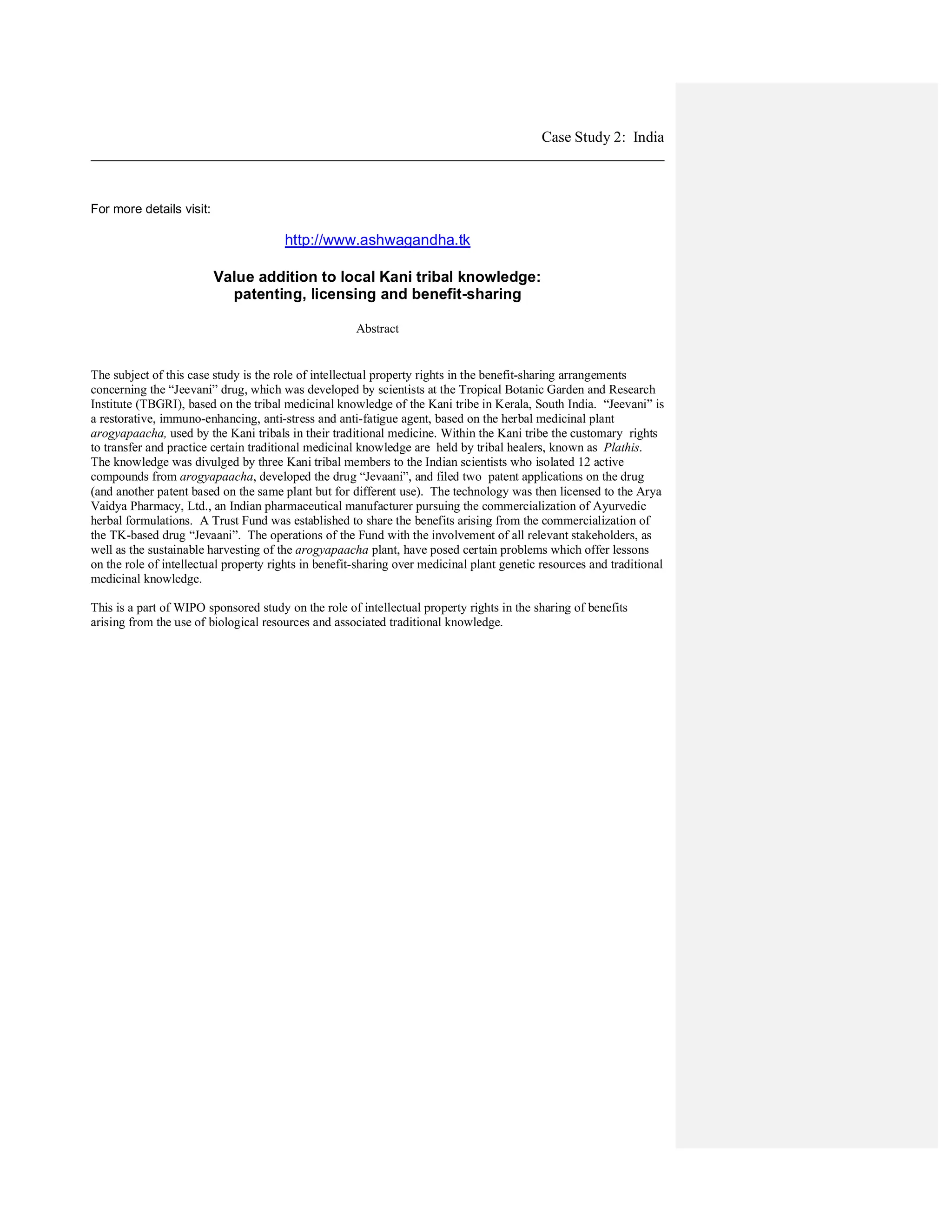 Value addition to local kani tribal knowledge, india case study wipo 1 ...
