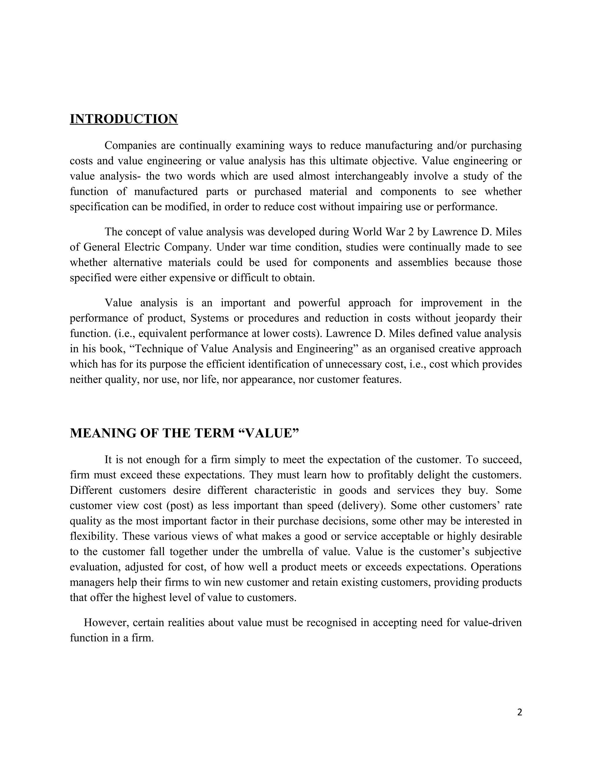 Value Analysis and Value Engineering in Material Management | DOC