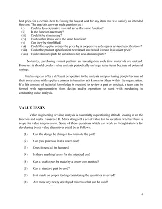 Value Analysis and Value Engineering in Material Management | DOC