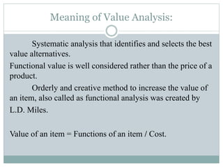 Value analysis and Value Engineering in Cost Control | PPTX