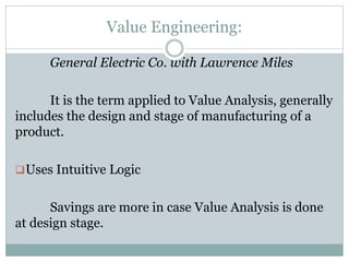 Value analysis and Value Engineering in Cost Control | PPTX