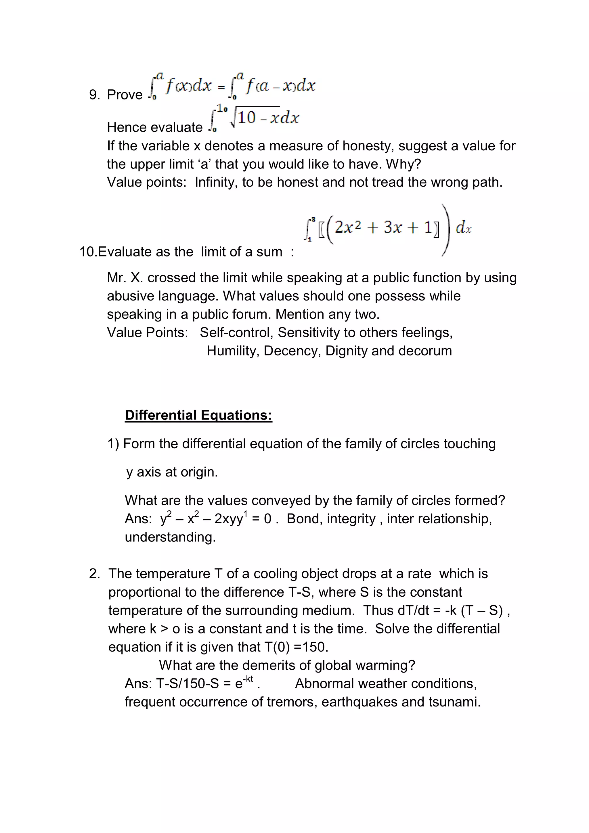 Value based questions xii- maths | PDF