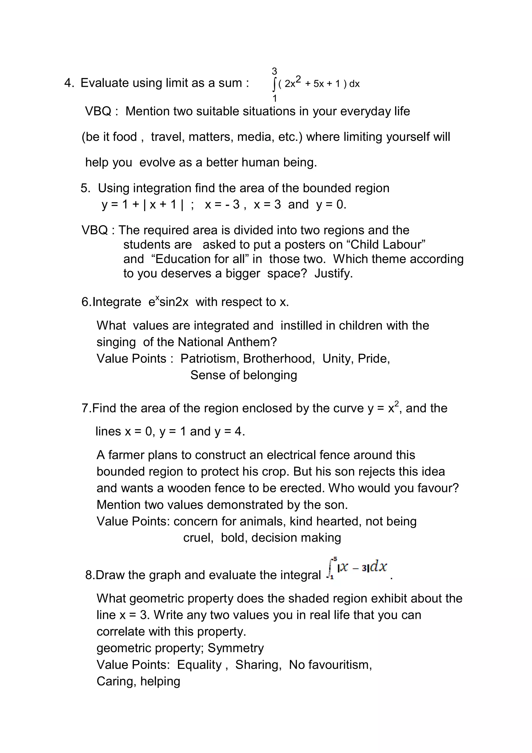 Value based questions xii- maths | PDF
