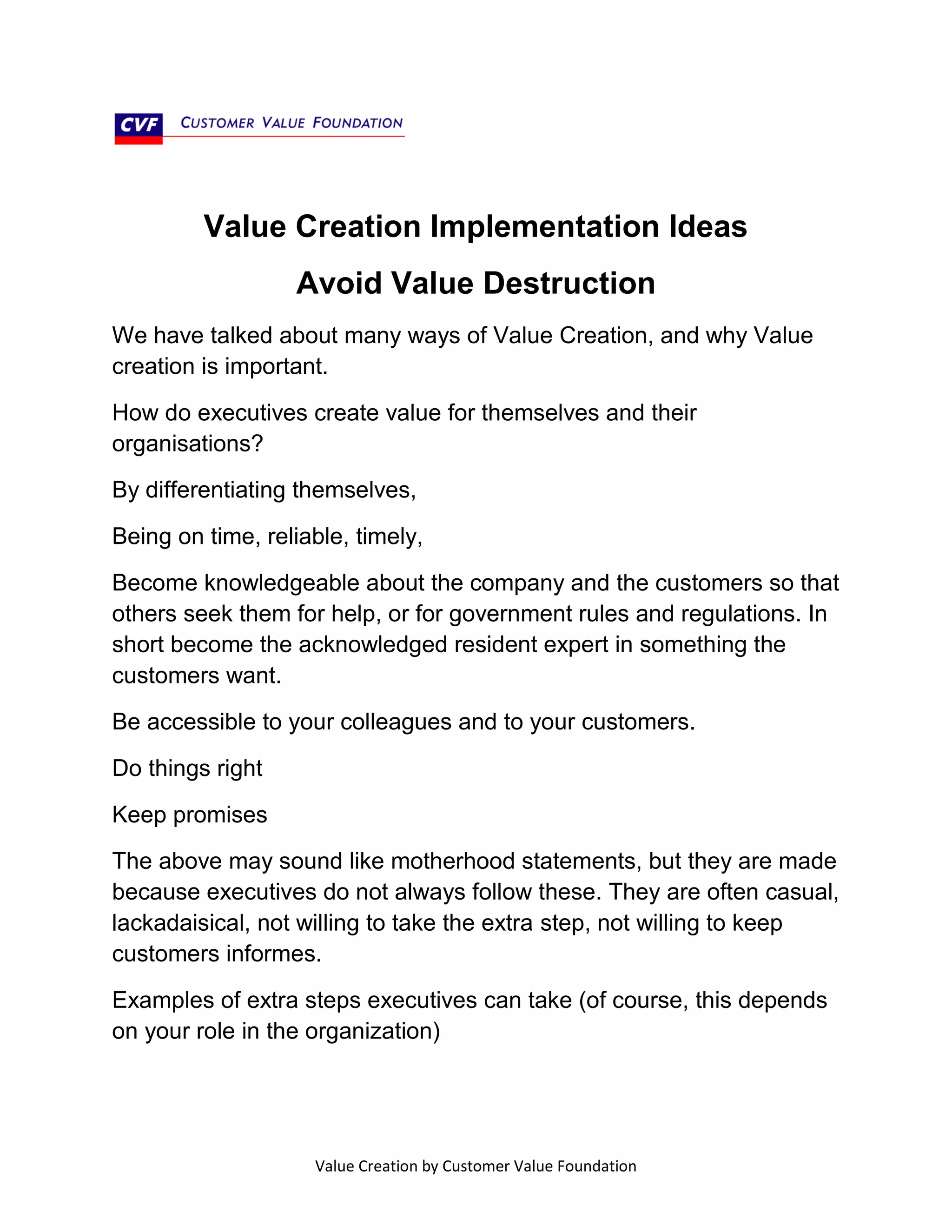 Value Creation Implementation Ideas. Avoid Value Destruction | PDF