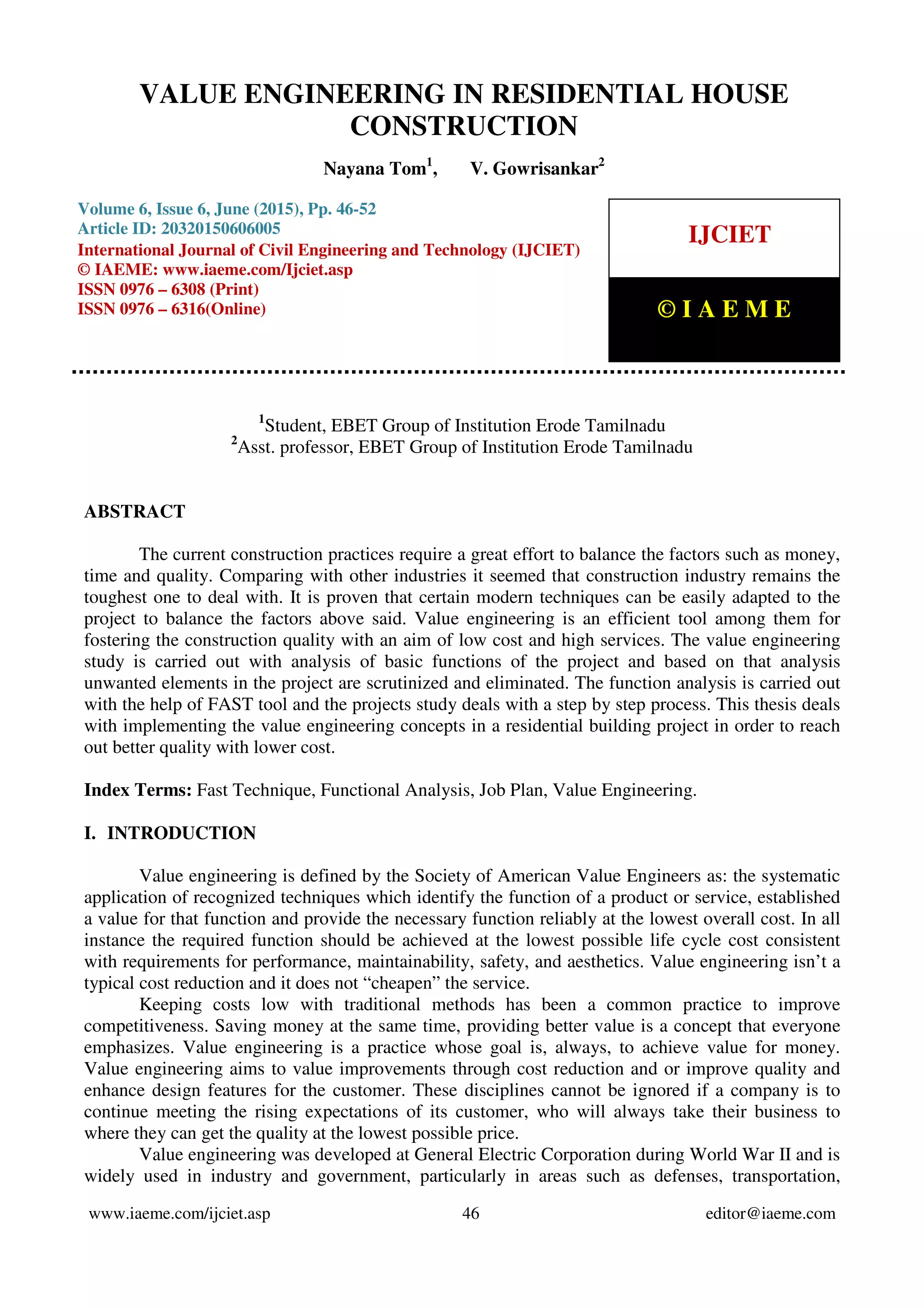 VALUE ENGINEERING IN RESIDENTIAL HOUSE CONSTRUCTION | PDF