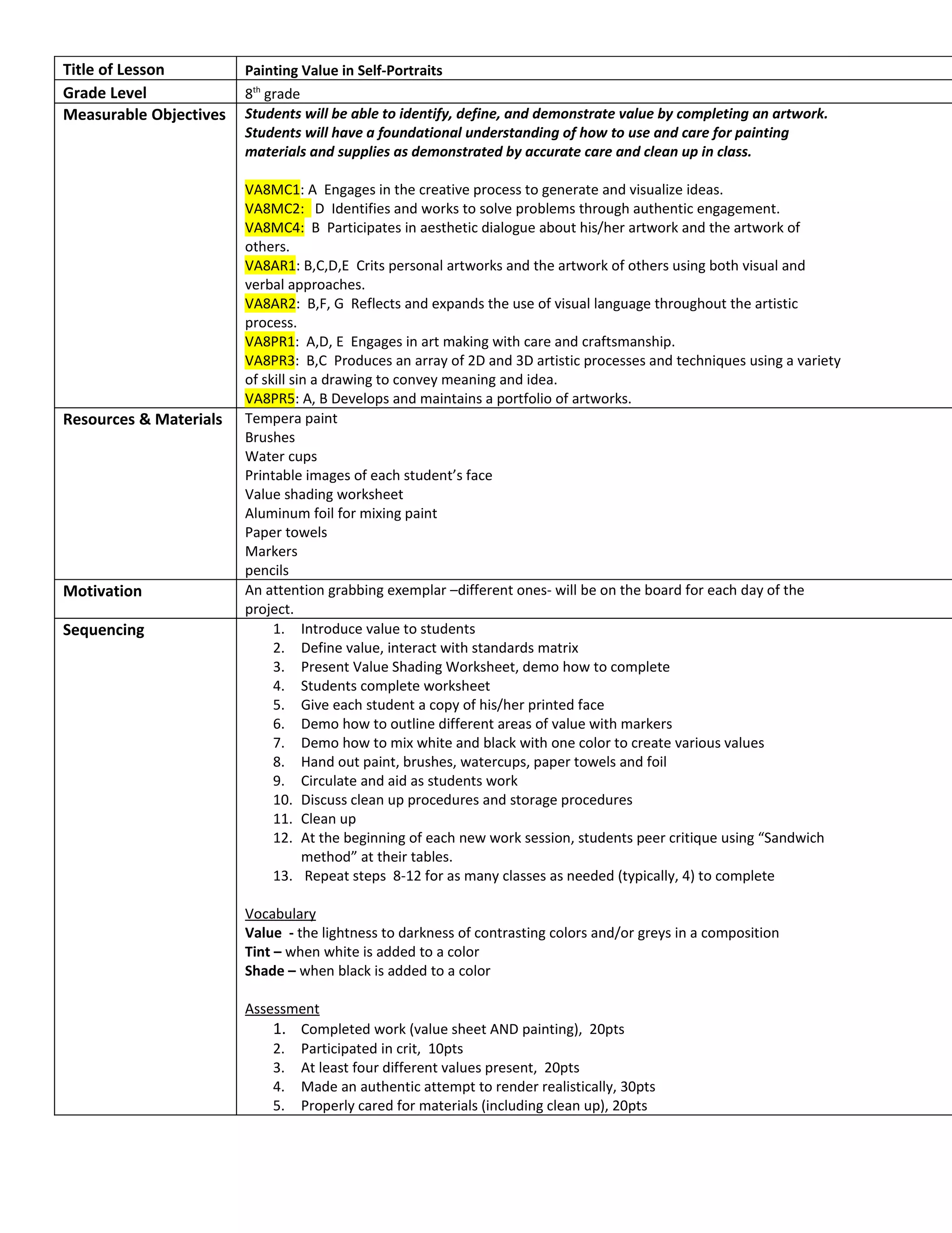 Value Painting Lesson Plan | DOC