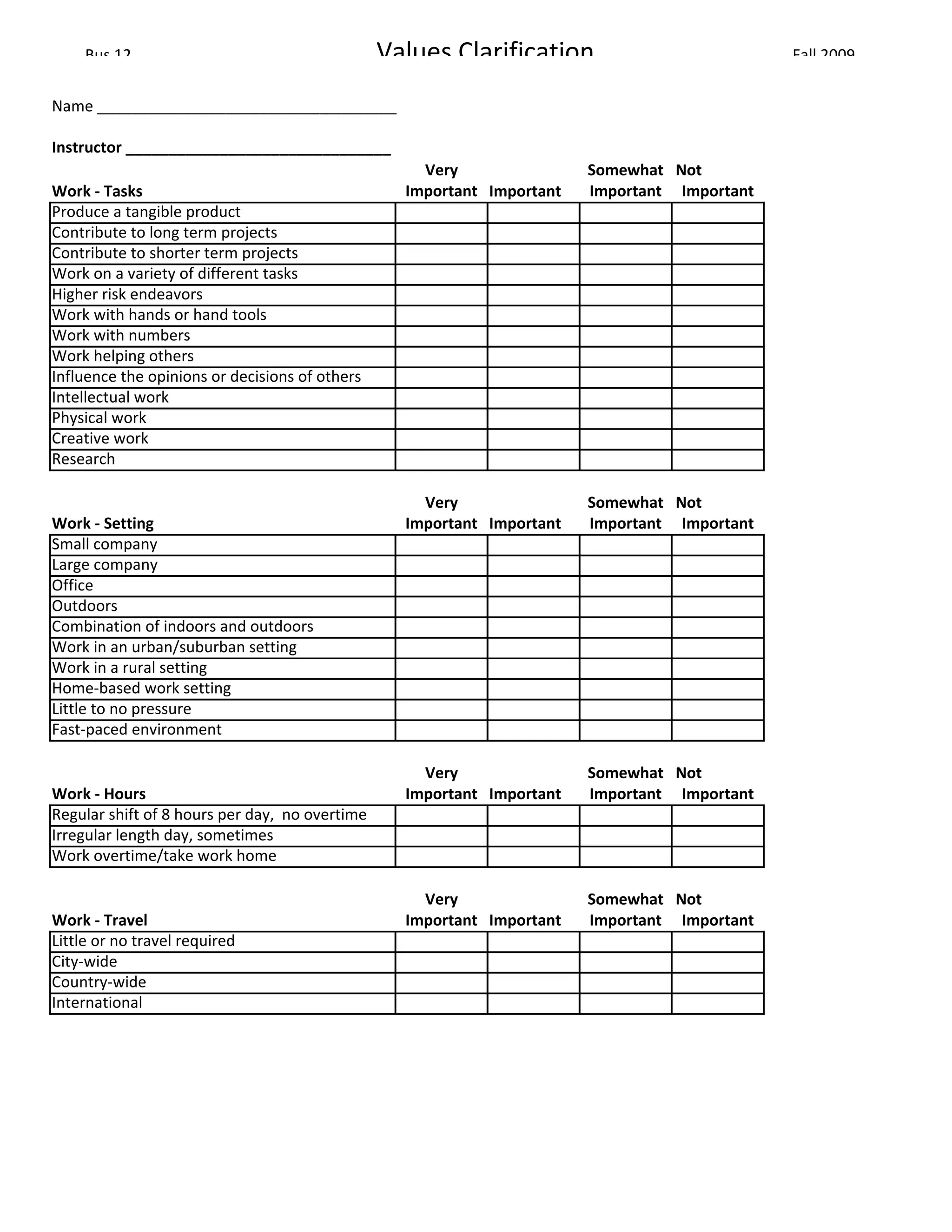 Values clarification worksheet | XLS