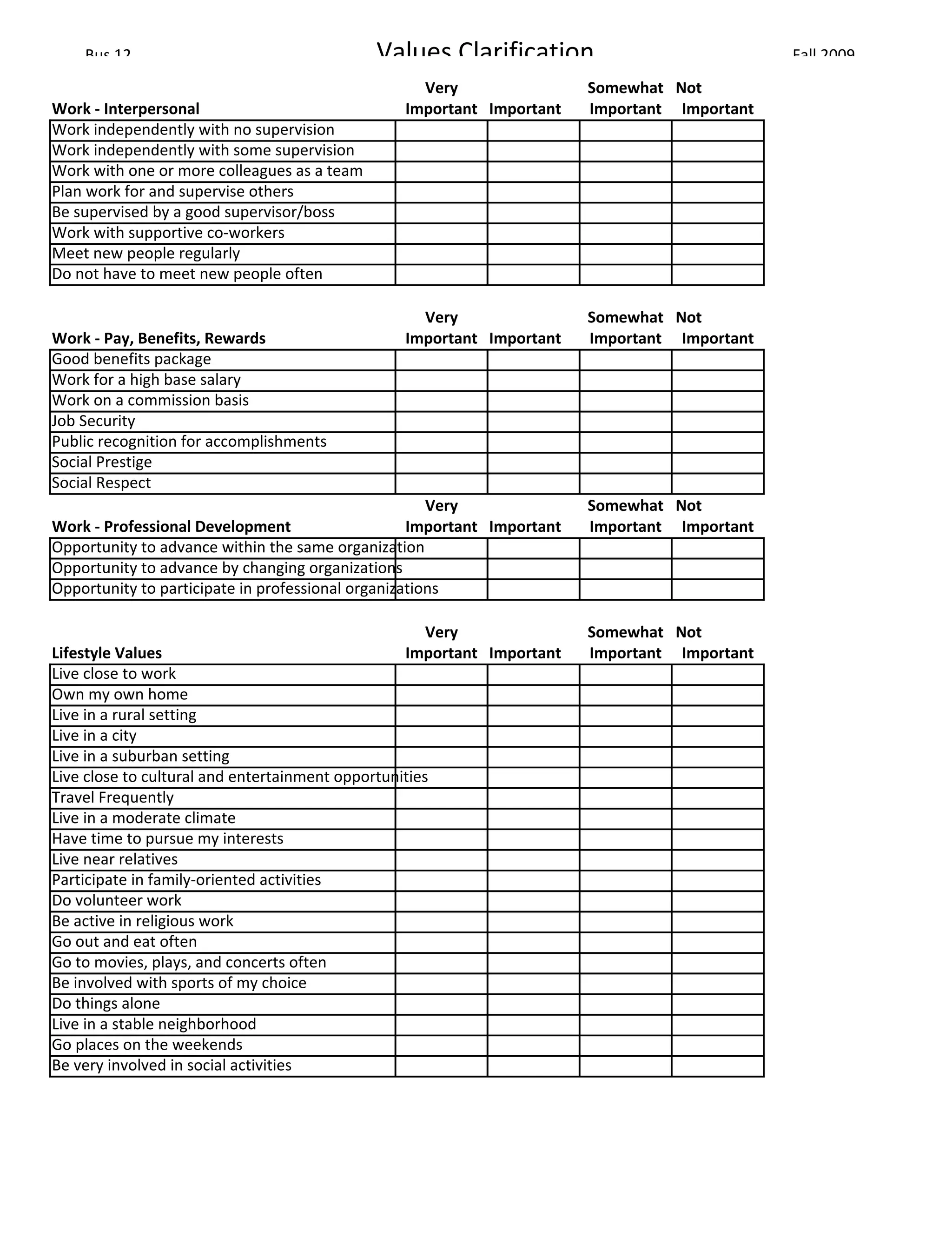 Values clarification worksheet | XLS