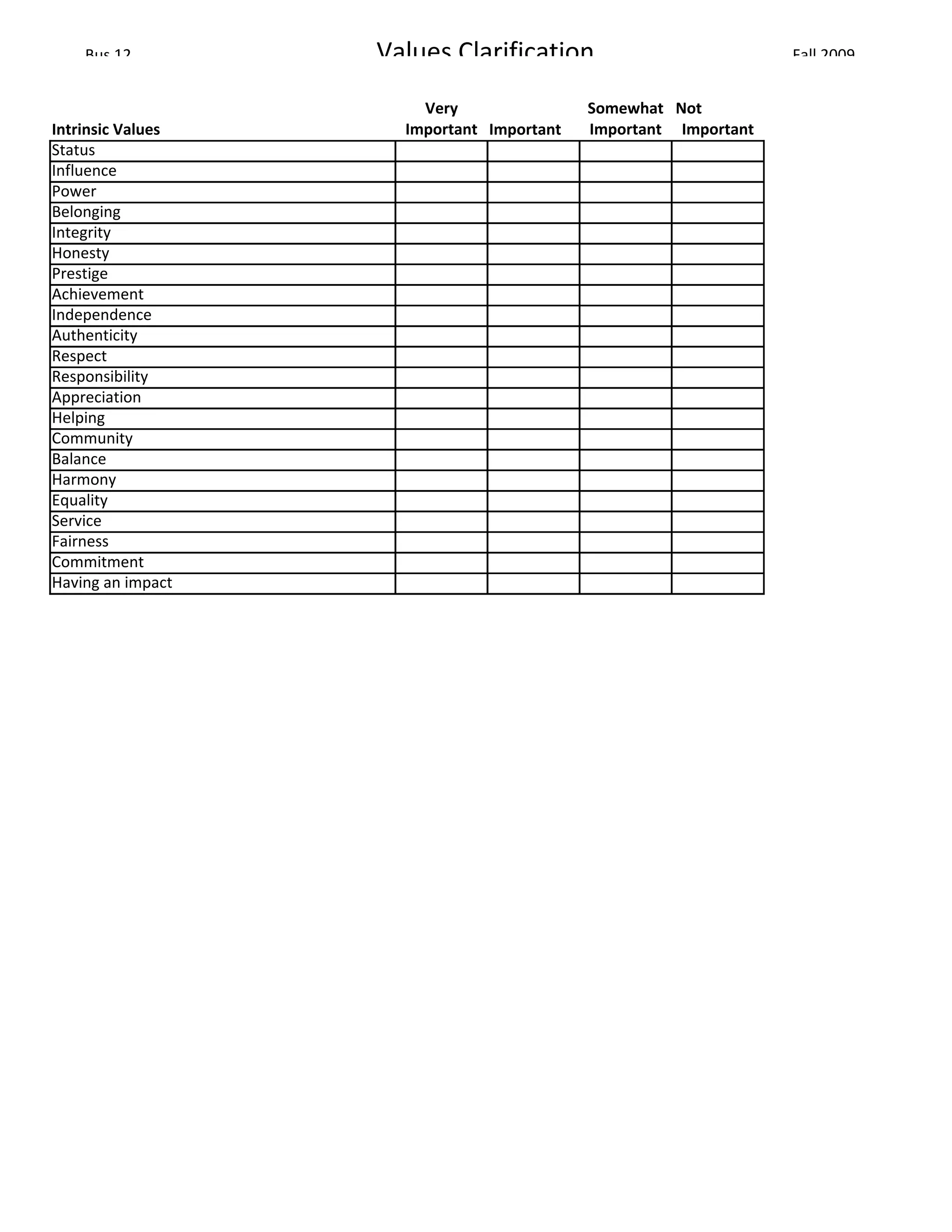 Values clarification worksheet | XLS