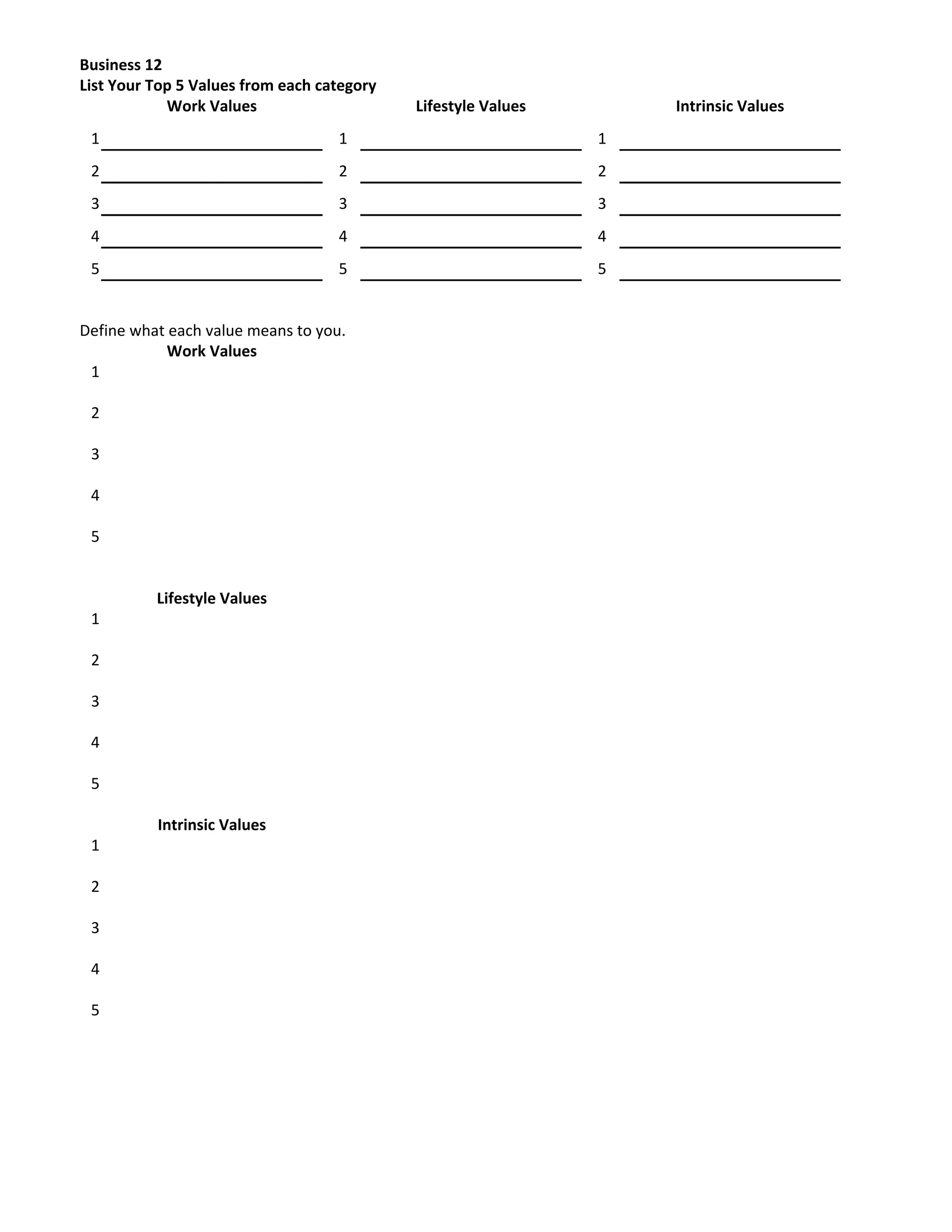 Values clarification worksheet | XLS