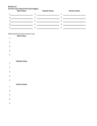 Values clarification worksheet | XLS