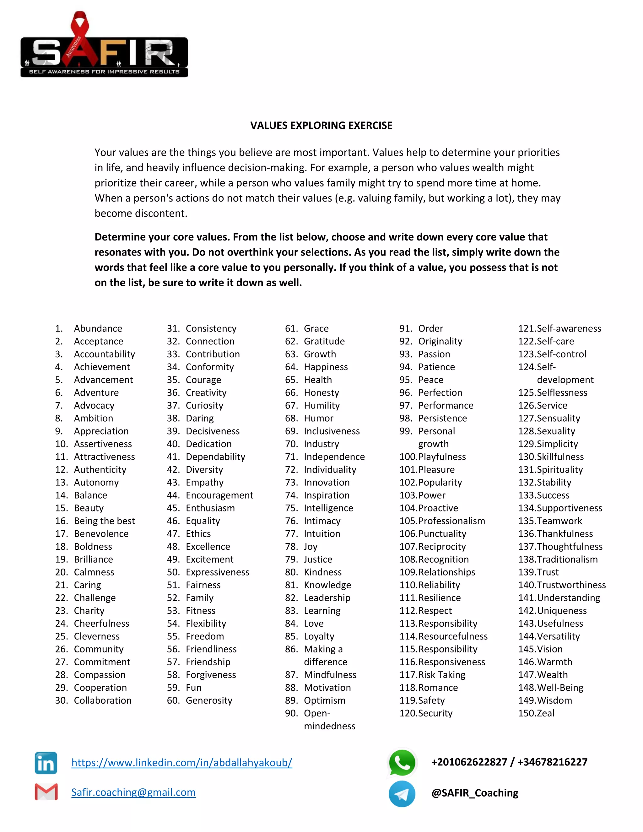 Values Exploring Exercise - SAFIR | PDF