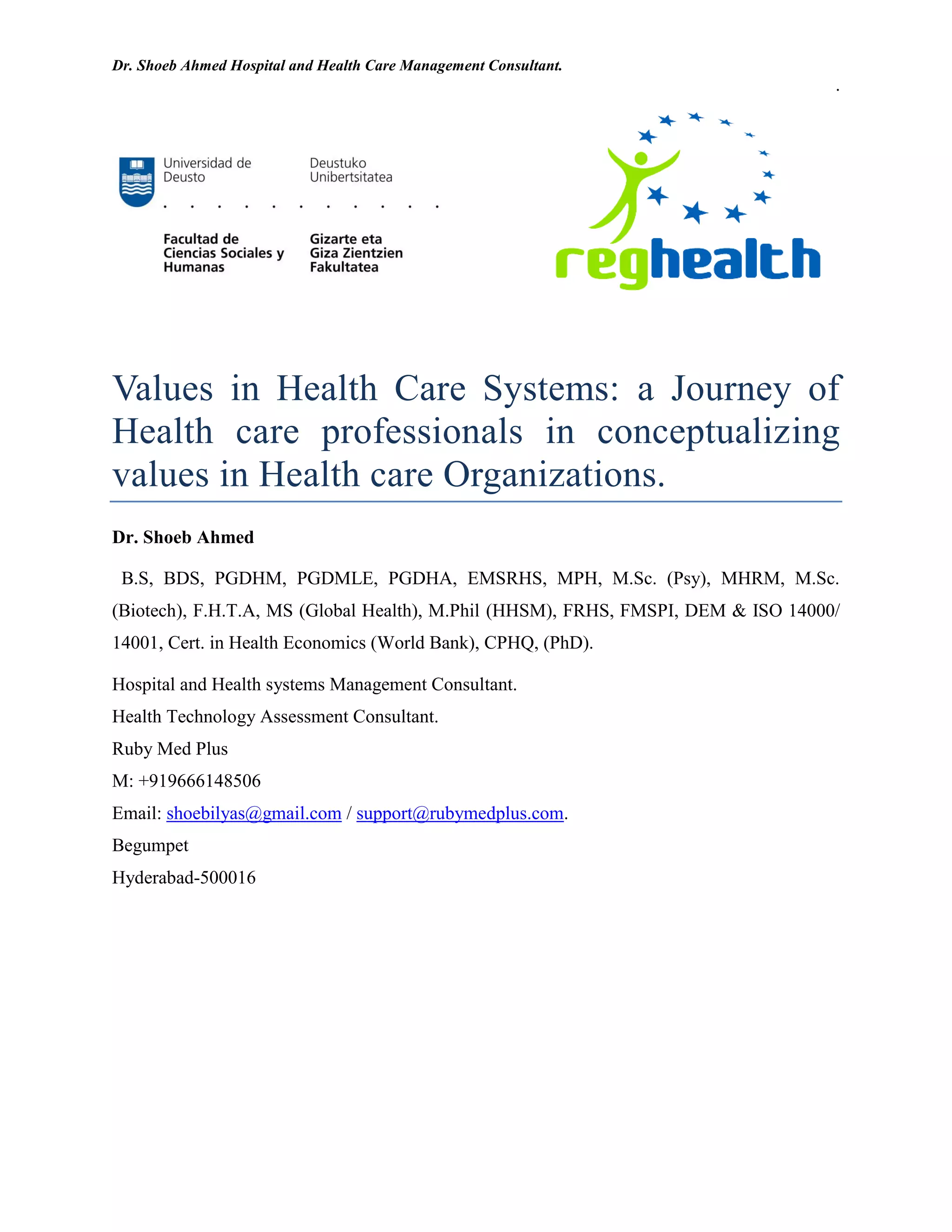 Values in Health Care Systems: a Journey of Health care professionals ...