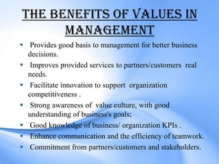 Values in management of organisation | PPTX