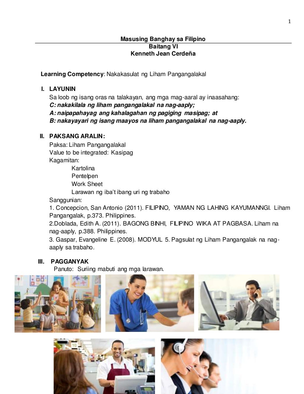 Values Integration Demo lesson Plan In filipino VI