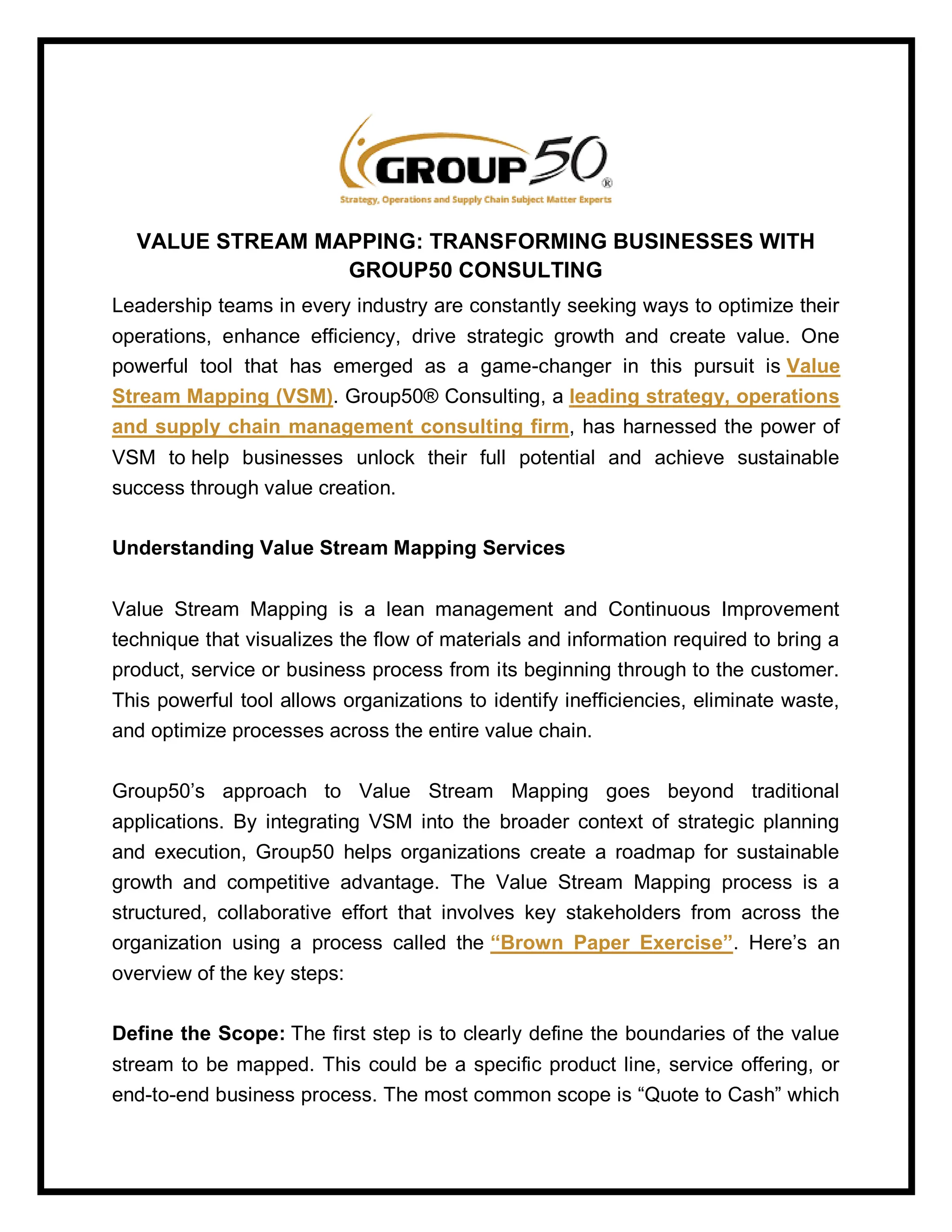 Value Stream Mapping - Group50 Consulting | PDF