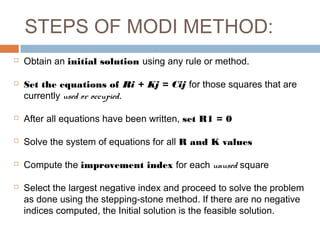 VAM and MODI Method in Solving Transportation Problems | PPT