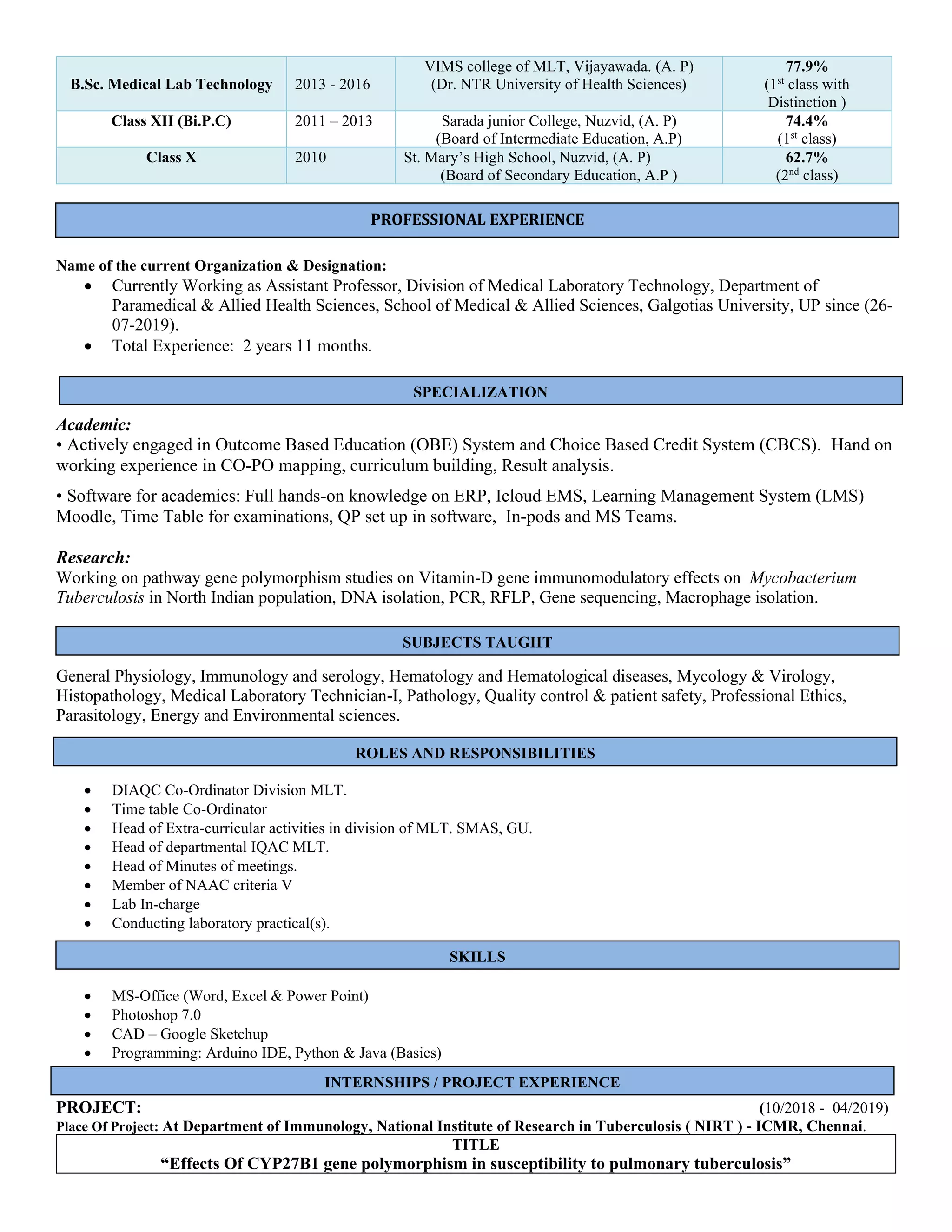 Vamsi MLT CV Resume | PDF
