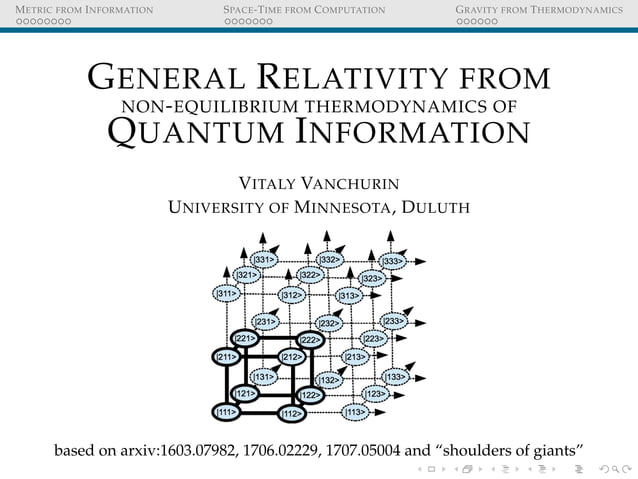Vitaly Vanchurin "General relativity from non-equilibrium thermodynamics of quantum information ...