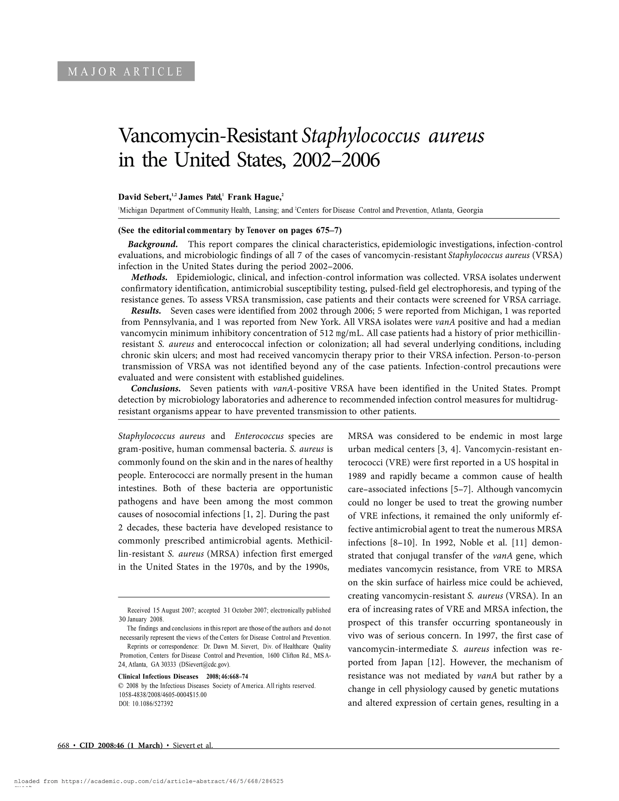 Vancomycin-Resistant Staphylococcus aureus in the United States, 2002 ...