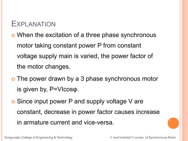 V and inverted v curves of synchronous motor | PPTX | Physics | Science