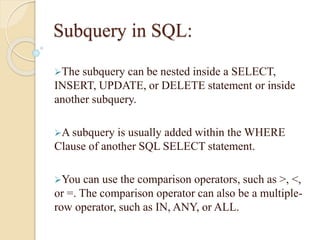 joins and subqueries in big data analysis | PPTX